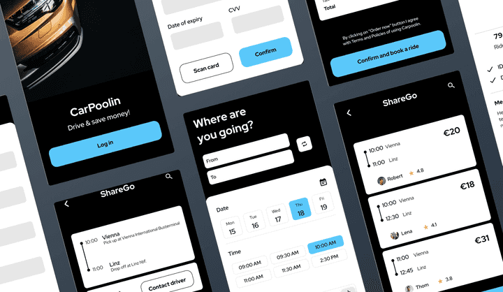 Car Pooling App Design | Car Sharing App UI Template | Uizard